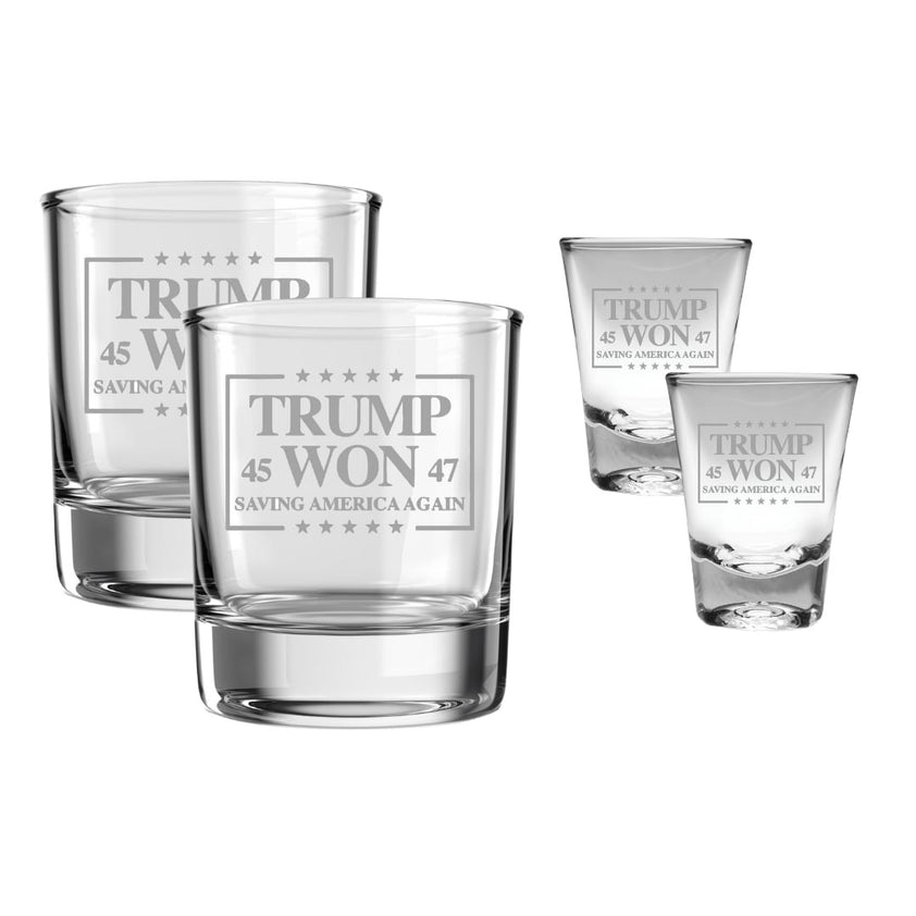 TRUMP WON 4 Piece Glass Set: 2 whiskey glasses & 2 shot glasses collec